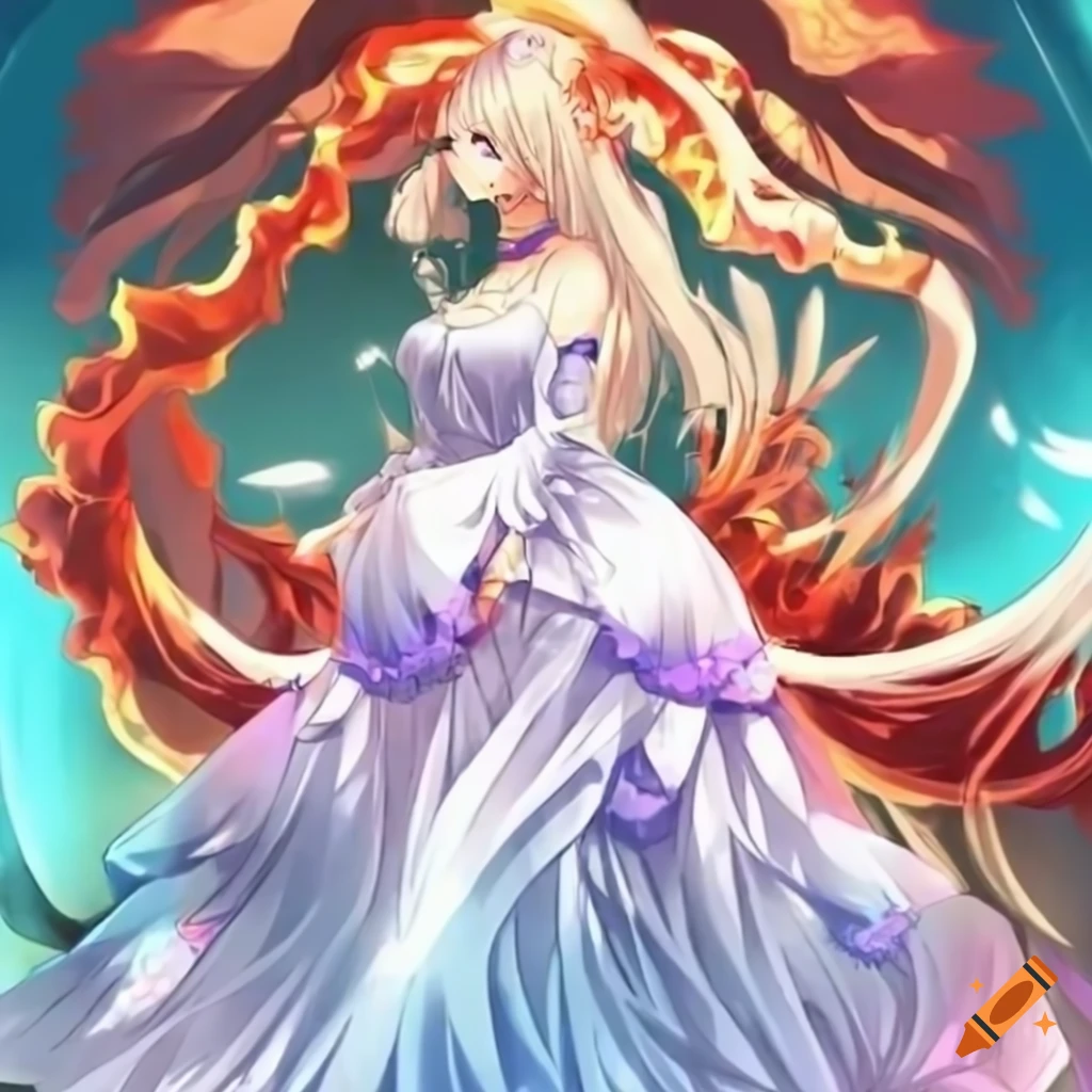 Anime character striking a regal pose with crystal hair and flame ...