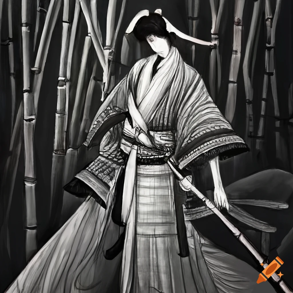Elegant samurai among bamboo in a moonlit forest inspired by Yoshitaka ...