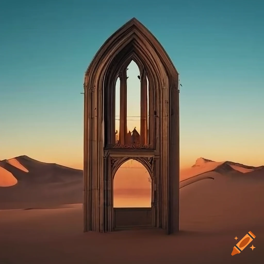 Gothic window framing a breathtaking desert view on Craiyon