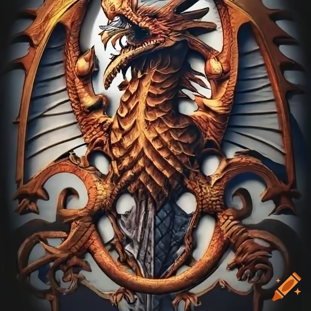 Iron dragon family crest with welding traces, extensions, gear teeth ...