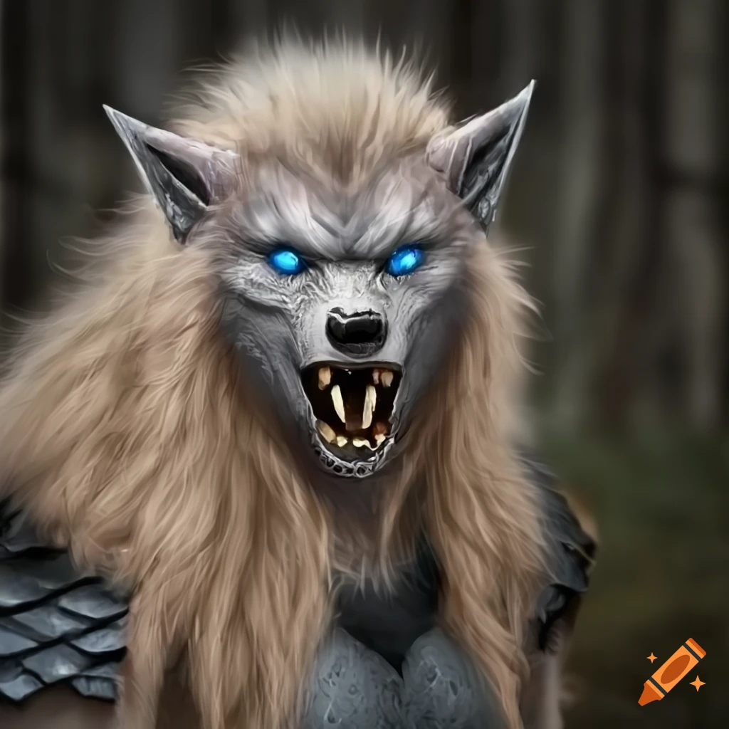 Portrait of an angry elven werewolf in armor with blue eyes and blond ...
