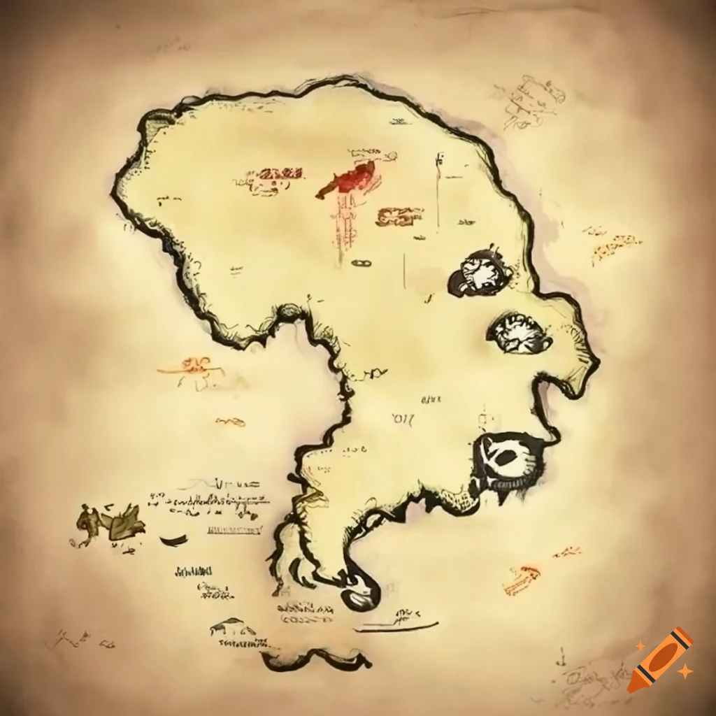 Pirate map with 6 major steps connected by discontinued drawings on Craiyon