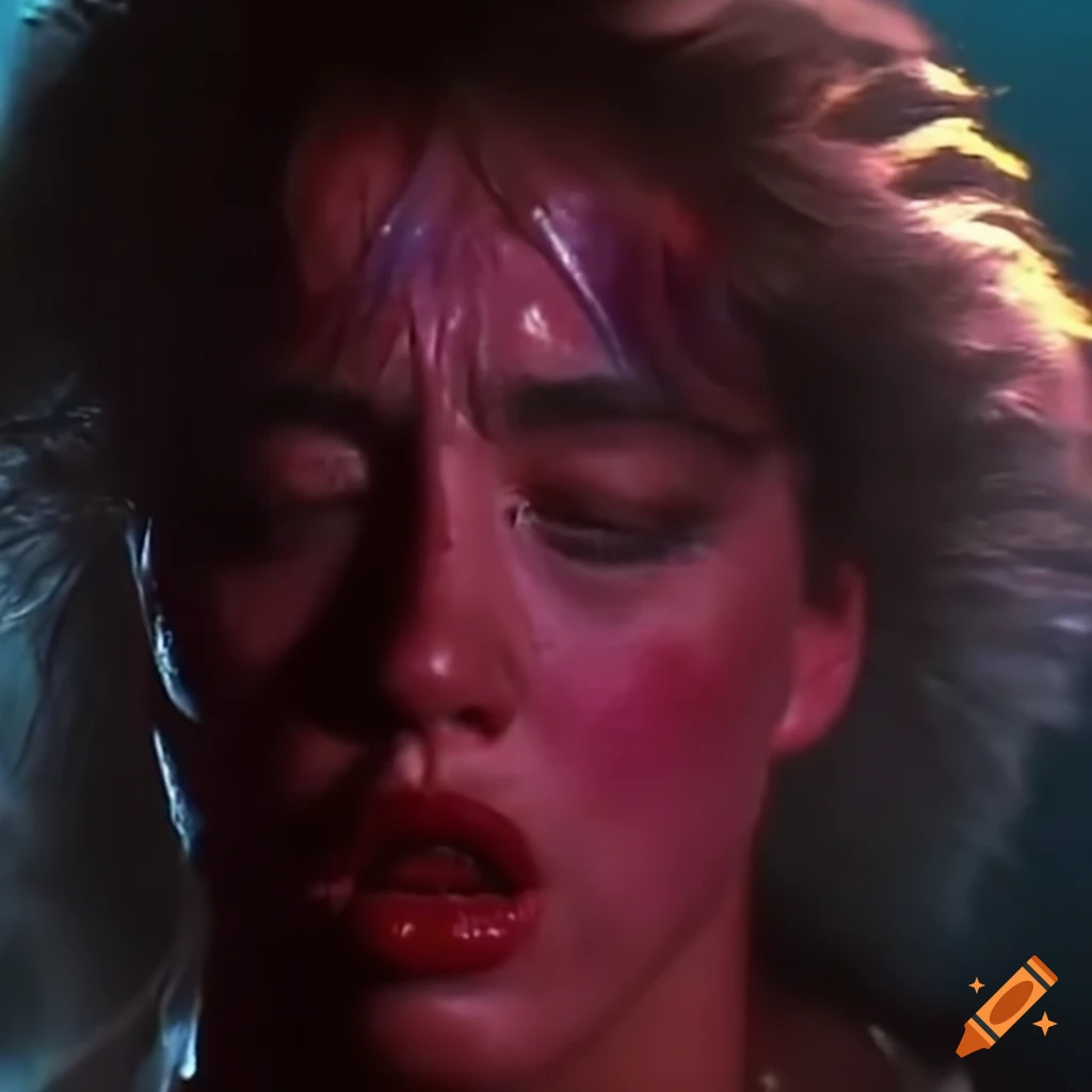 "80's movie screencap, expressive facial closeup of sweat-drenched ...