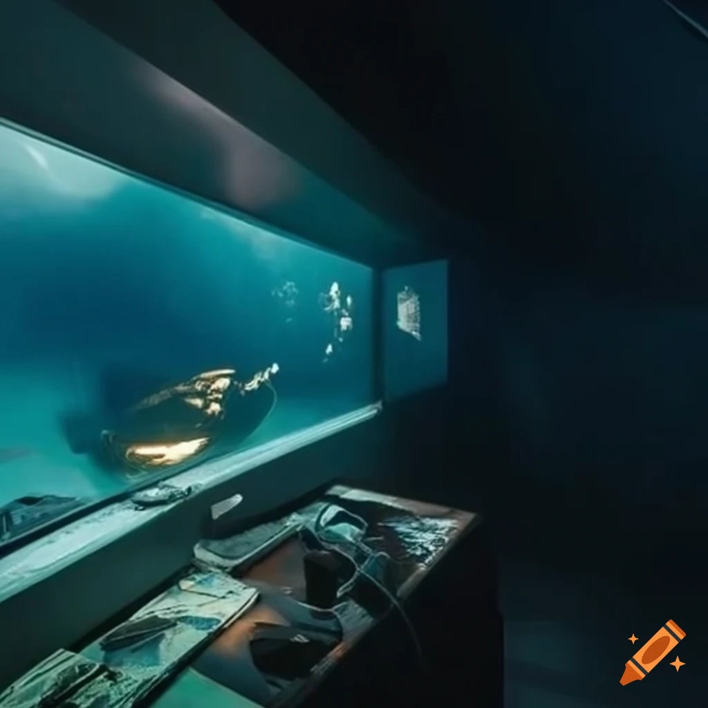 Room with a computer in a submarine underwater with a window ...