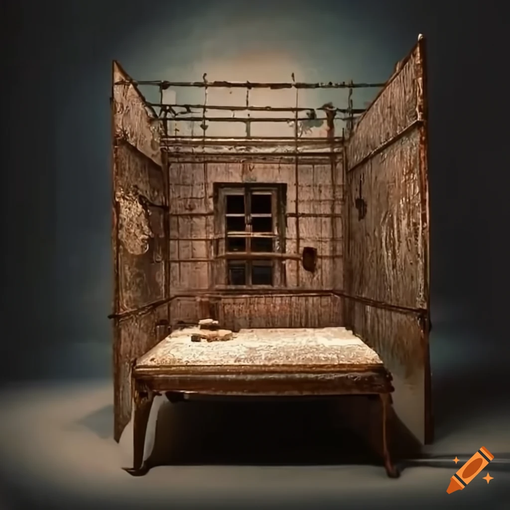 Prison cell decor inside a cube with rusty shower, cot, and diver mask ...