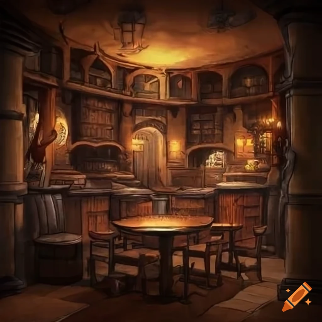 Fantasy tavern with two stories, a large wrap-around bar table, and an ...
