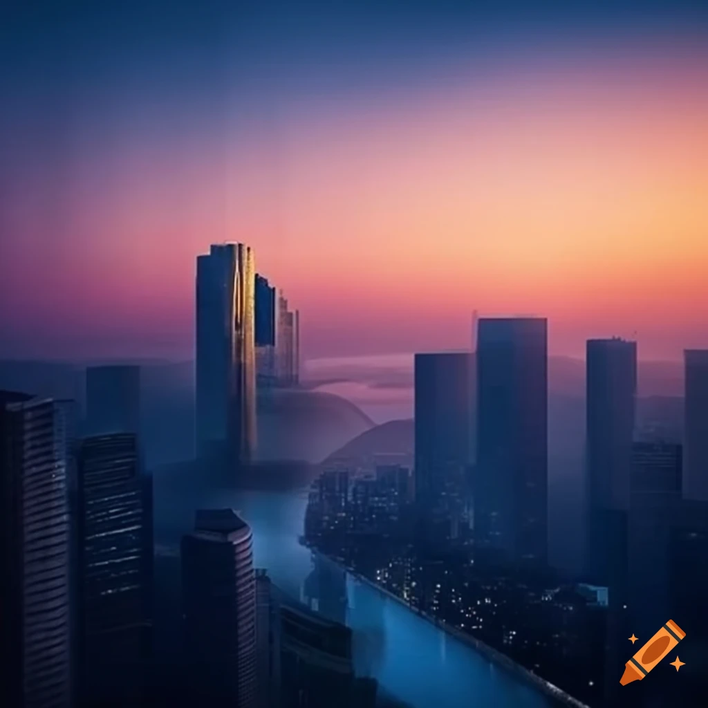 Tranquil penthouse balcony view overlooking elegant skyscrapers during ...