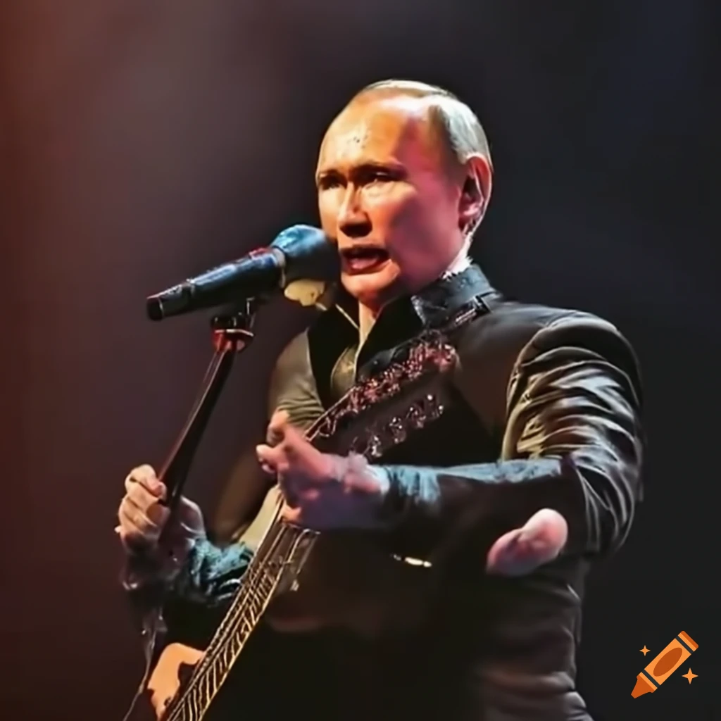 Vladimir putin performing with a heavy metal band on stage on Craiyon