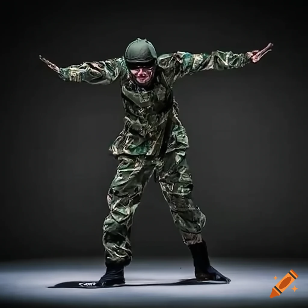 Puppet in military attire tap-dancing with a body-builder in a unique ...
