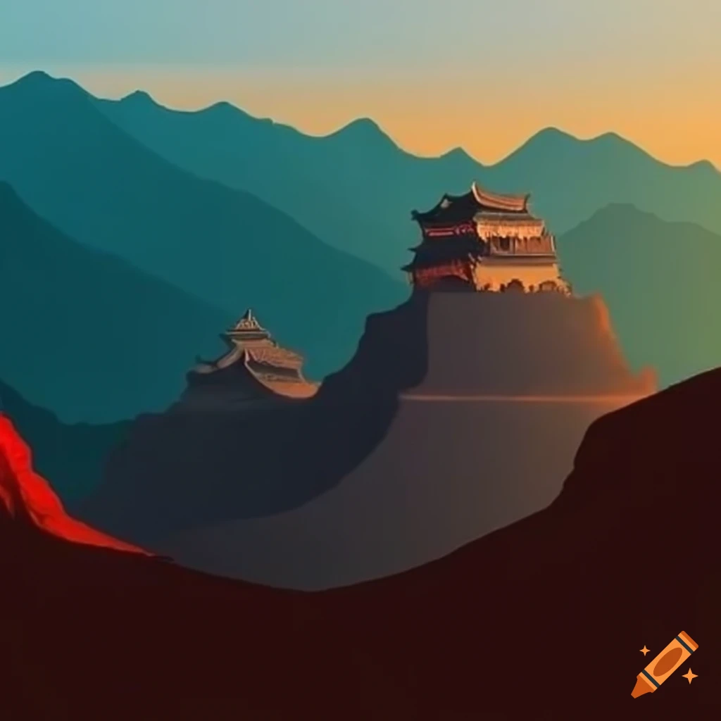 Ancient china landscape with mountains, deserts, forests, and temples ...