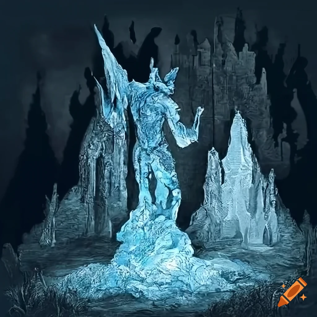 Silhouette of an ice demon statue in Gustave Doré engraving style on ...