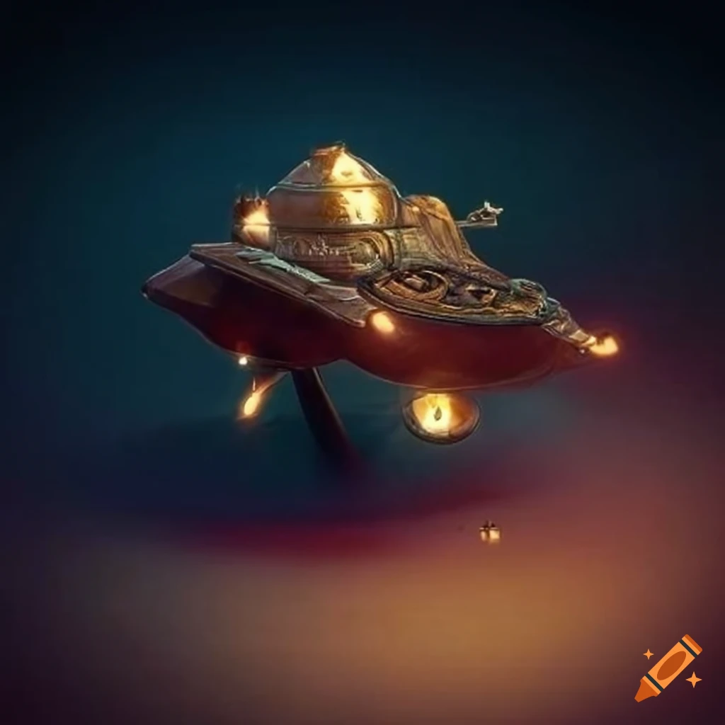 Steampunk-inspired spaceship with elongated hull and glowing details on ...