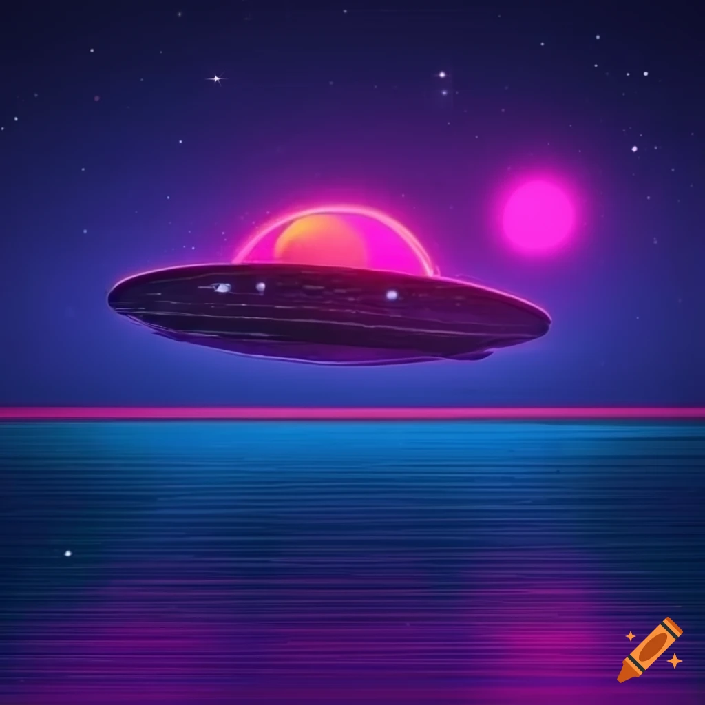 Vaporwave UFO among the stars with neon grid background on Craiyon