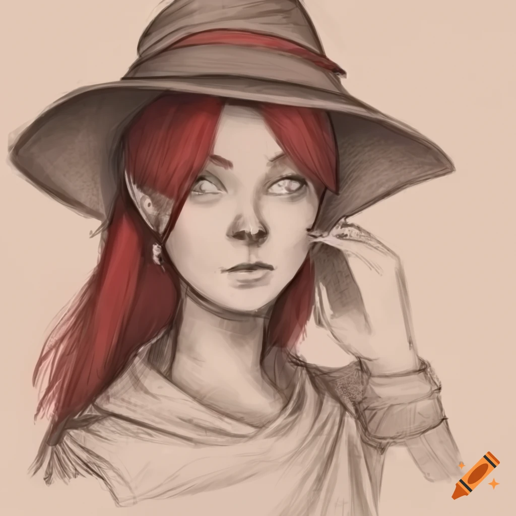 Ellyn, a d&d npc with red hair, grey eyes, and a sharp nose, wearing ...