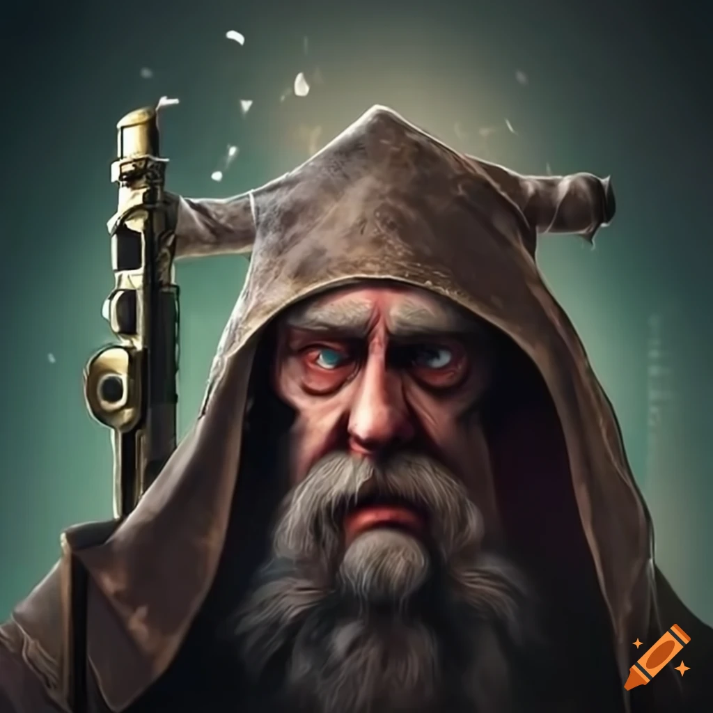 Close-up portrait of a wizard with a gun on Craiyon
