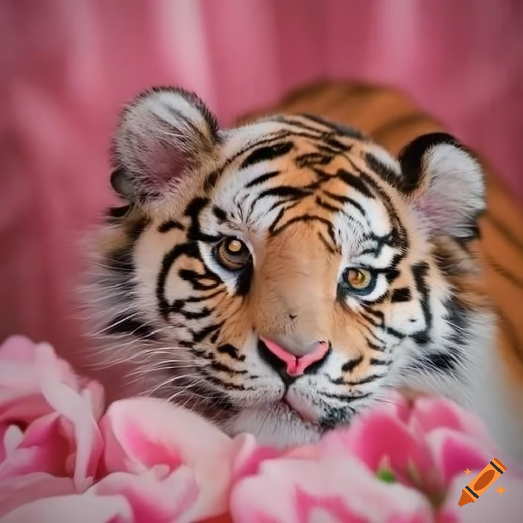 Fluffy tiger in a pink satin flower room on Craiyon