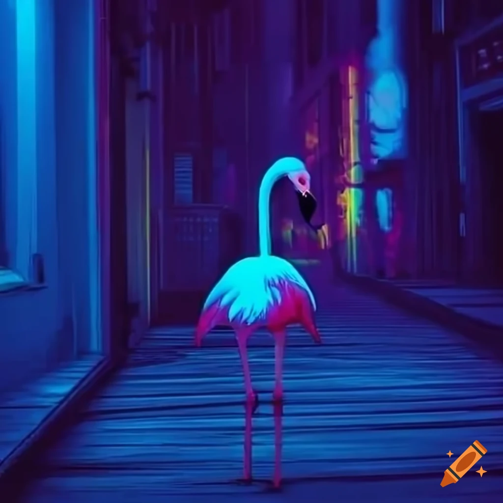 Flamingo walking in neon-lit city street with a vaporwave aesthetic on ...