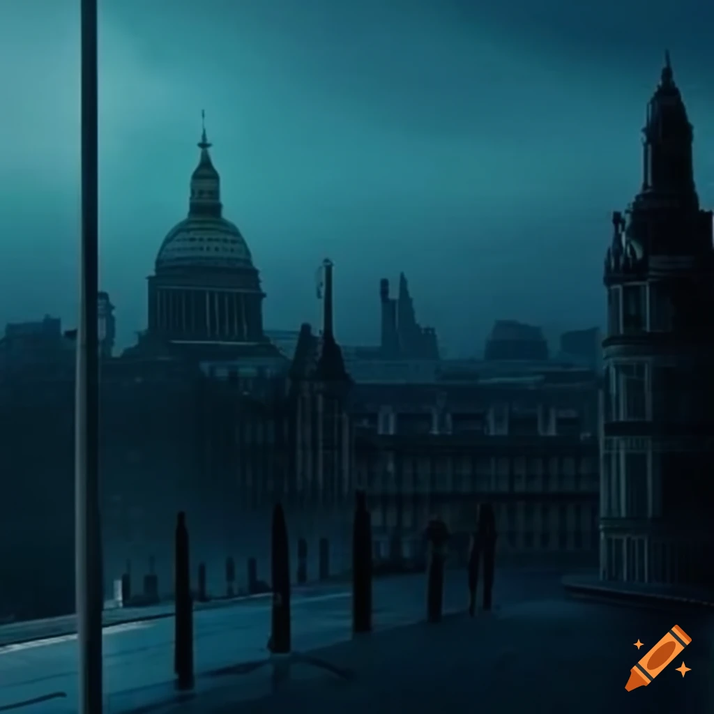 Dystopian future scene of a grey london cityscape under heavy clouds on ...