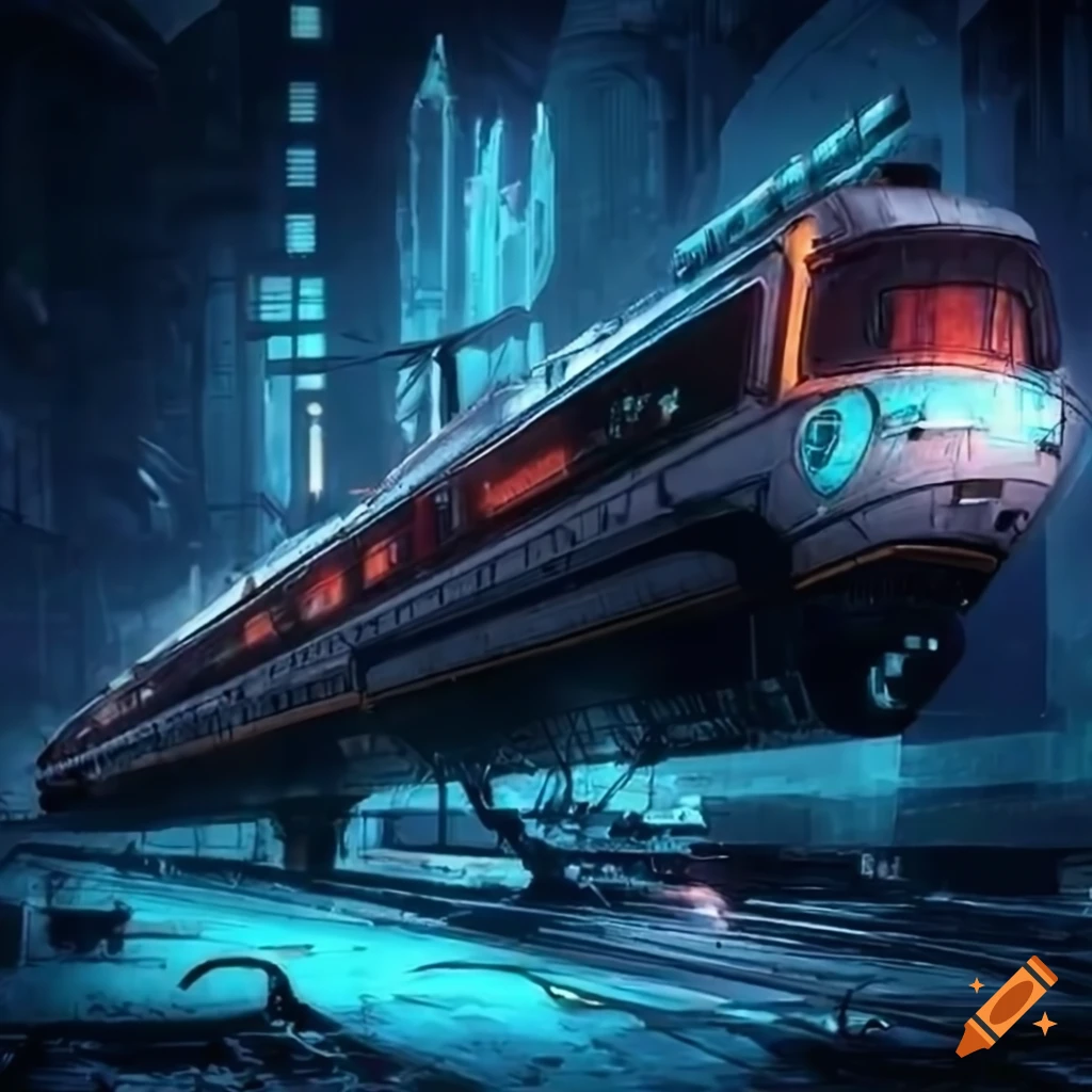 Flying on the steel deck of a cyberpunk space train with 4-8-4 wheel ...