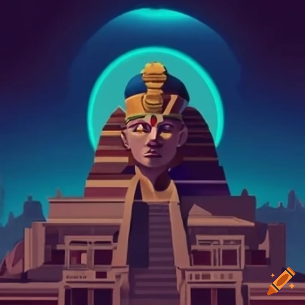 Monumental sphinx at the entrance to an ancient temple complex on Craiyon