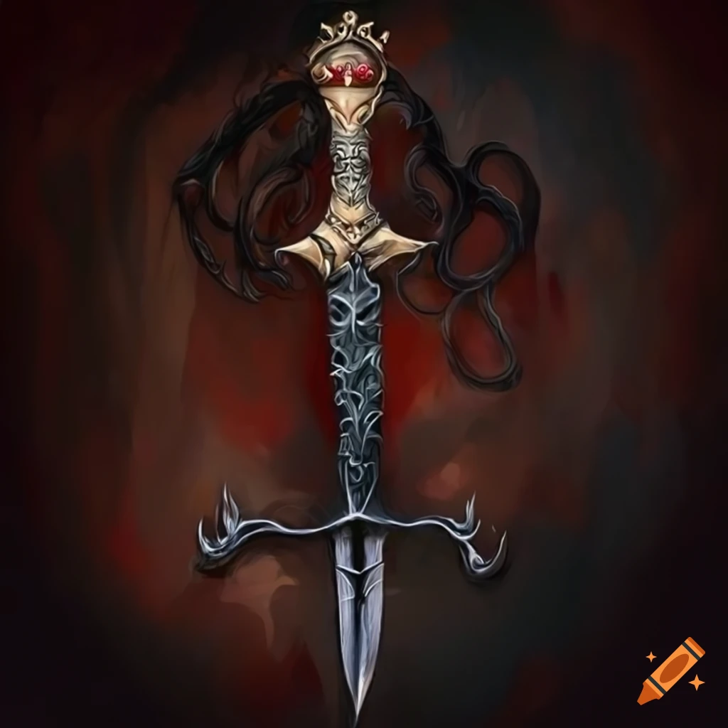 Dark fantasy book cover with dagger and crown on Craiyon