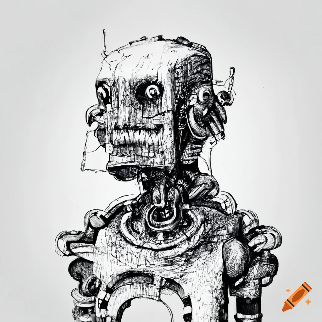 Sketch of a contorted metal robot with chains and padlocks on Craiyon