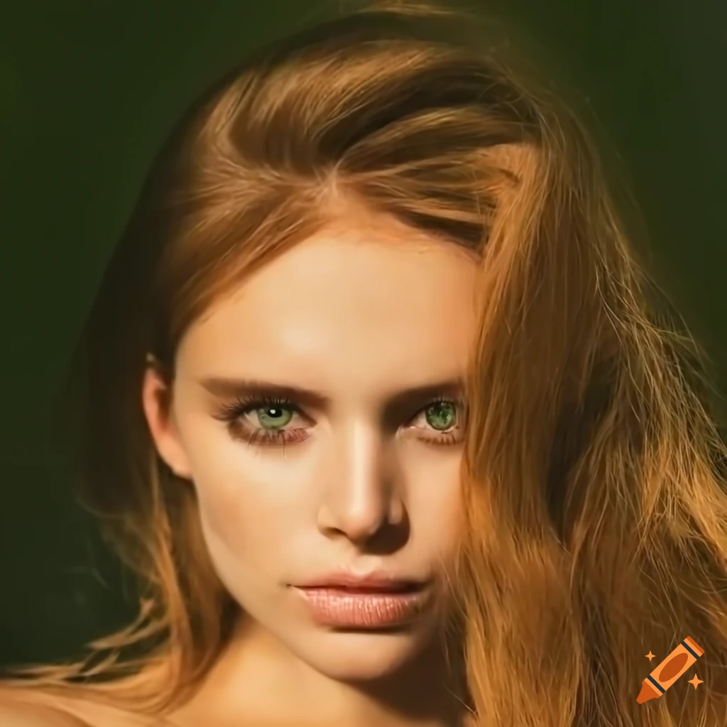 Stunning woman with long wavy golden hair and green eyes glowing in ...