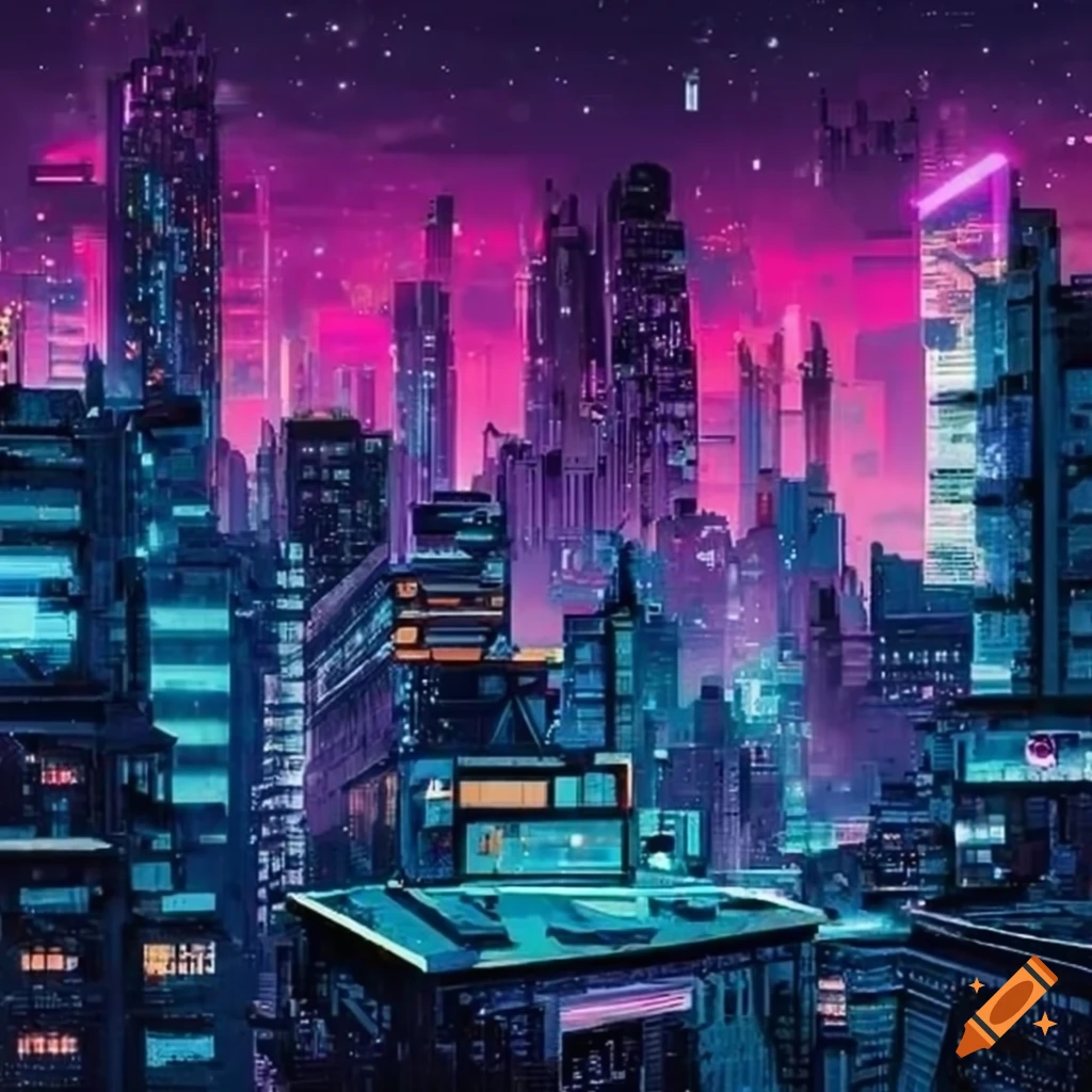Intricate cyberpunk cityscape with neon colors against a starry night ...