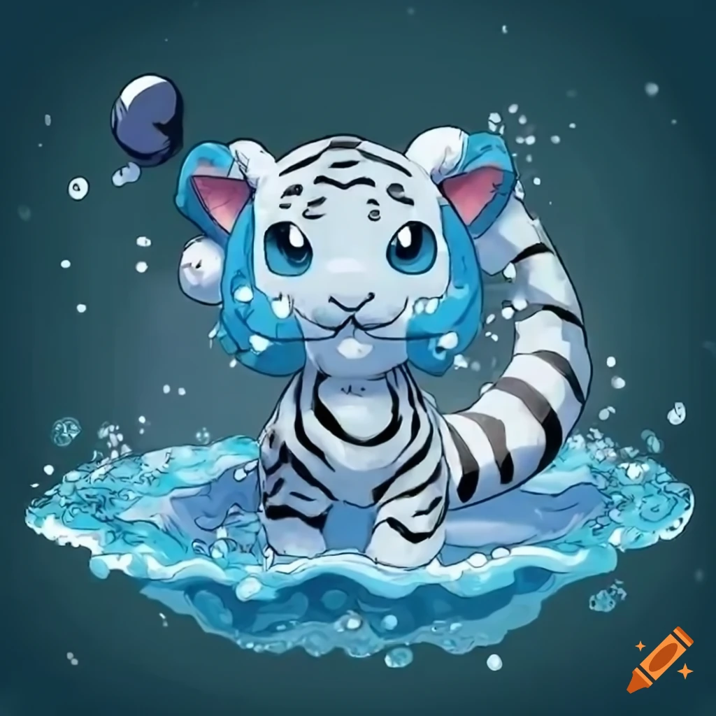 Cute blue and white tiger at a waterfall creating a splash, in Pokemon ...