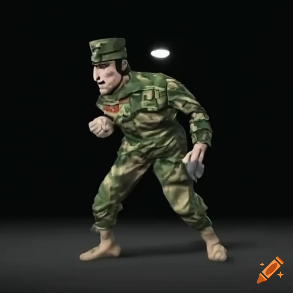 Intriguing military puppet tap-dancing with a body-builder on Craiyon