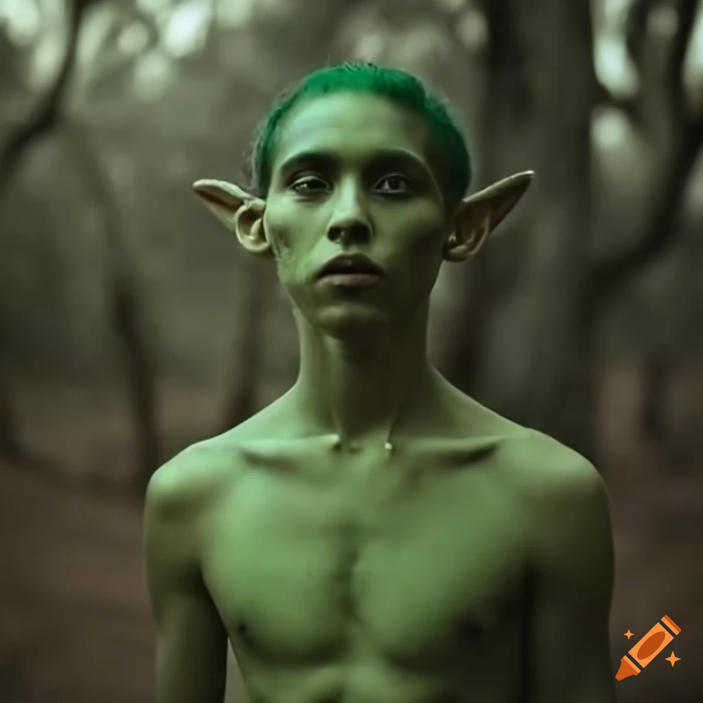 Tribal elf man in Australian oak forest with hut house in cinematic ...