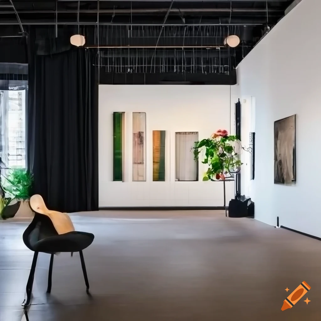 Exhibition room with art pieces, white walls, green plants, terrace in ...