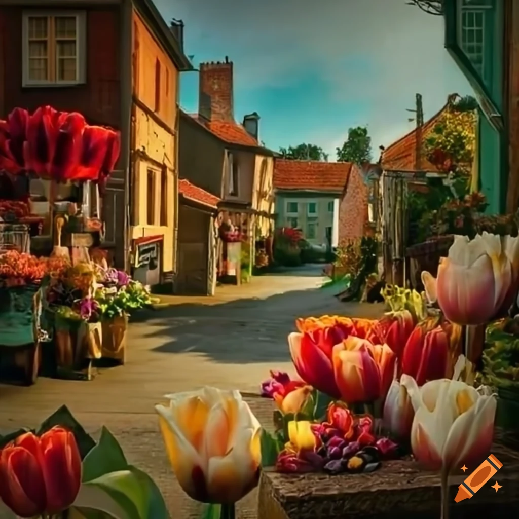 Small charming town with nature, flowers, and quaint shops on Craiyon