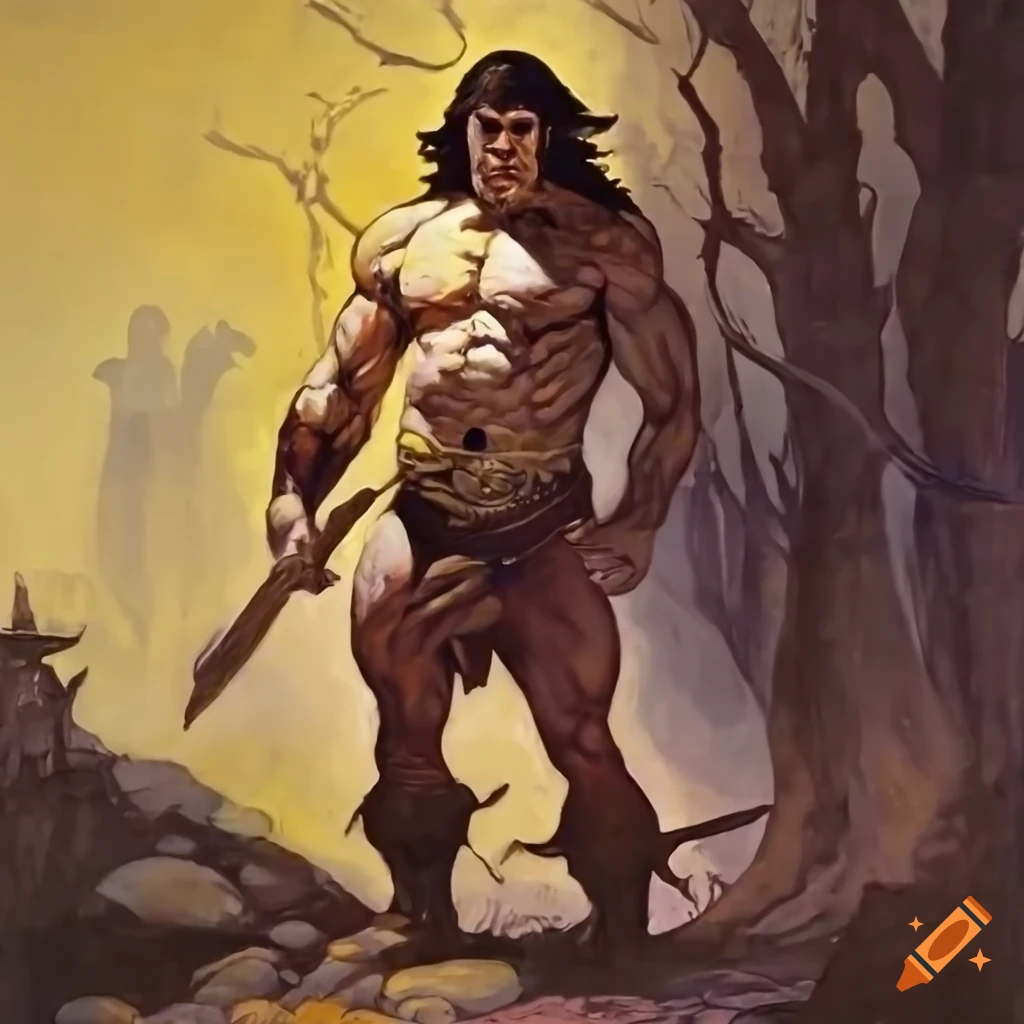 Conan the barbarian standing in a detailed forest setting on Craiyon