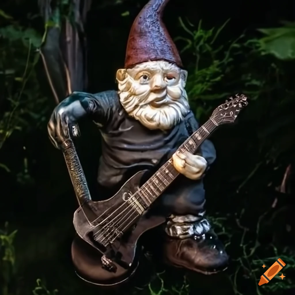 Creepy garden gnome in punk rock attire playing electric guitar on Craiyon