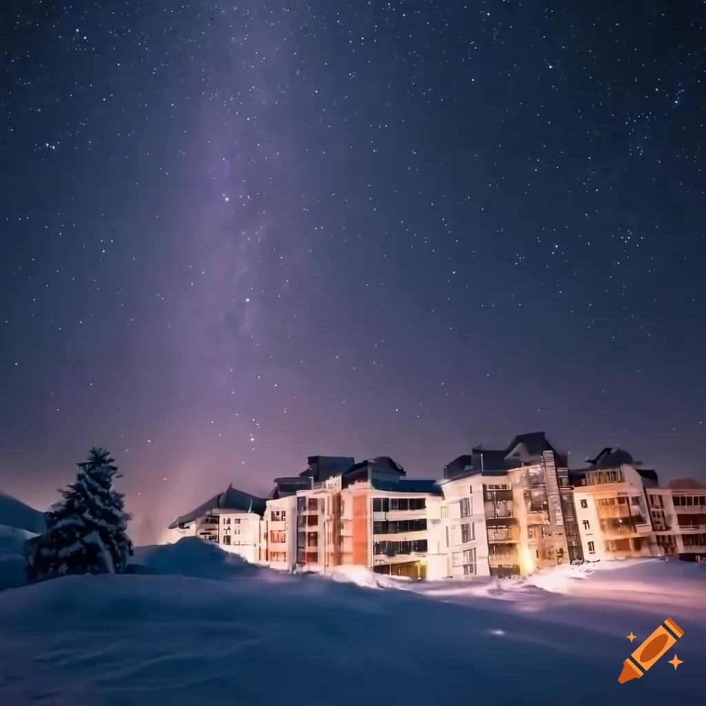 Sci-fi high rise apartments at night with snowy trees on a hill and ...