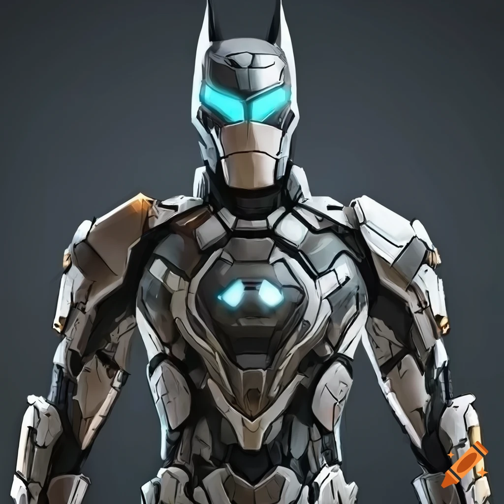 Futuristic superhero combat armor suit with white and gold accents on ...