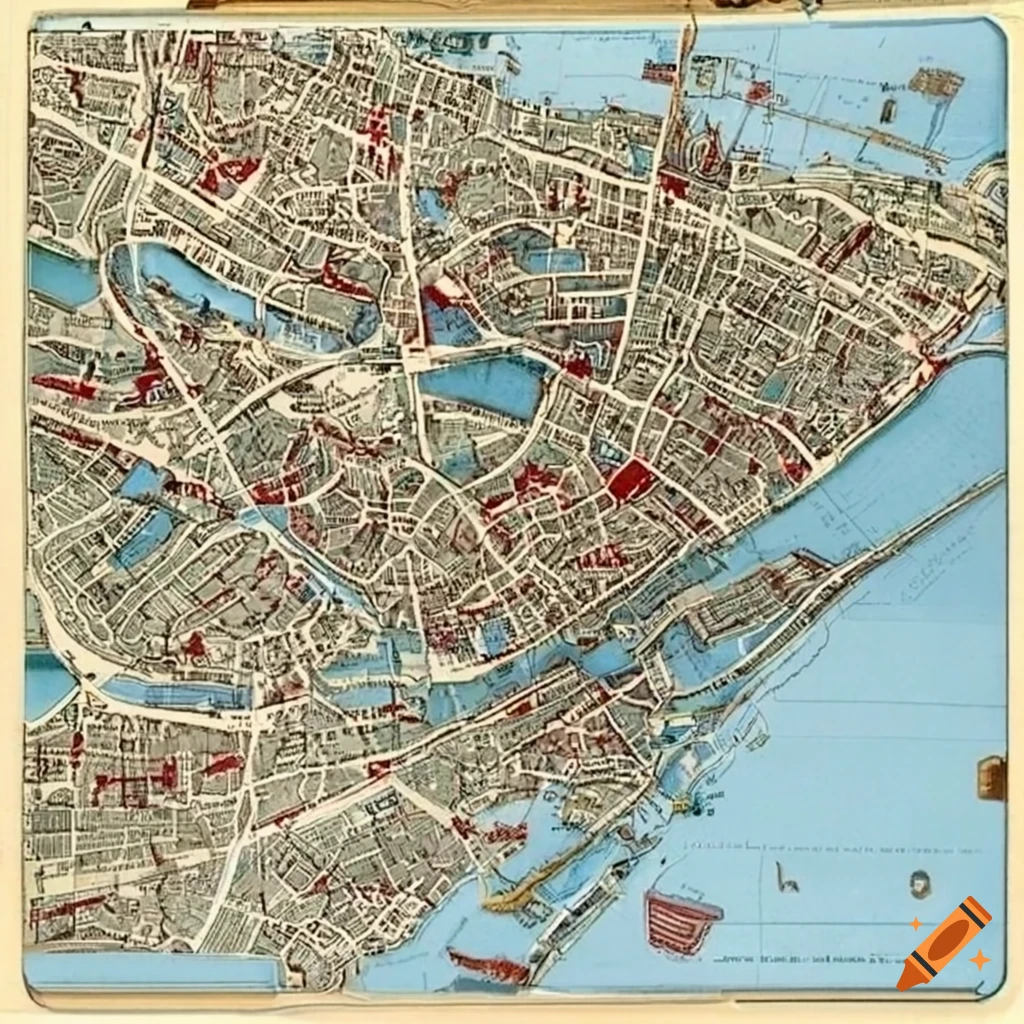 High resolution sharp London city map with Thames River in a post-war ...