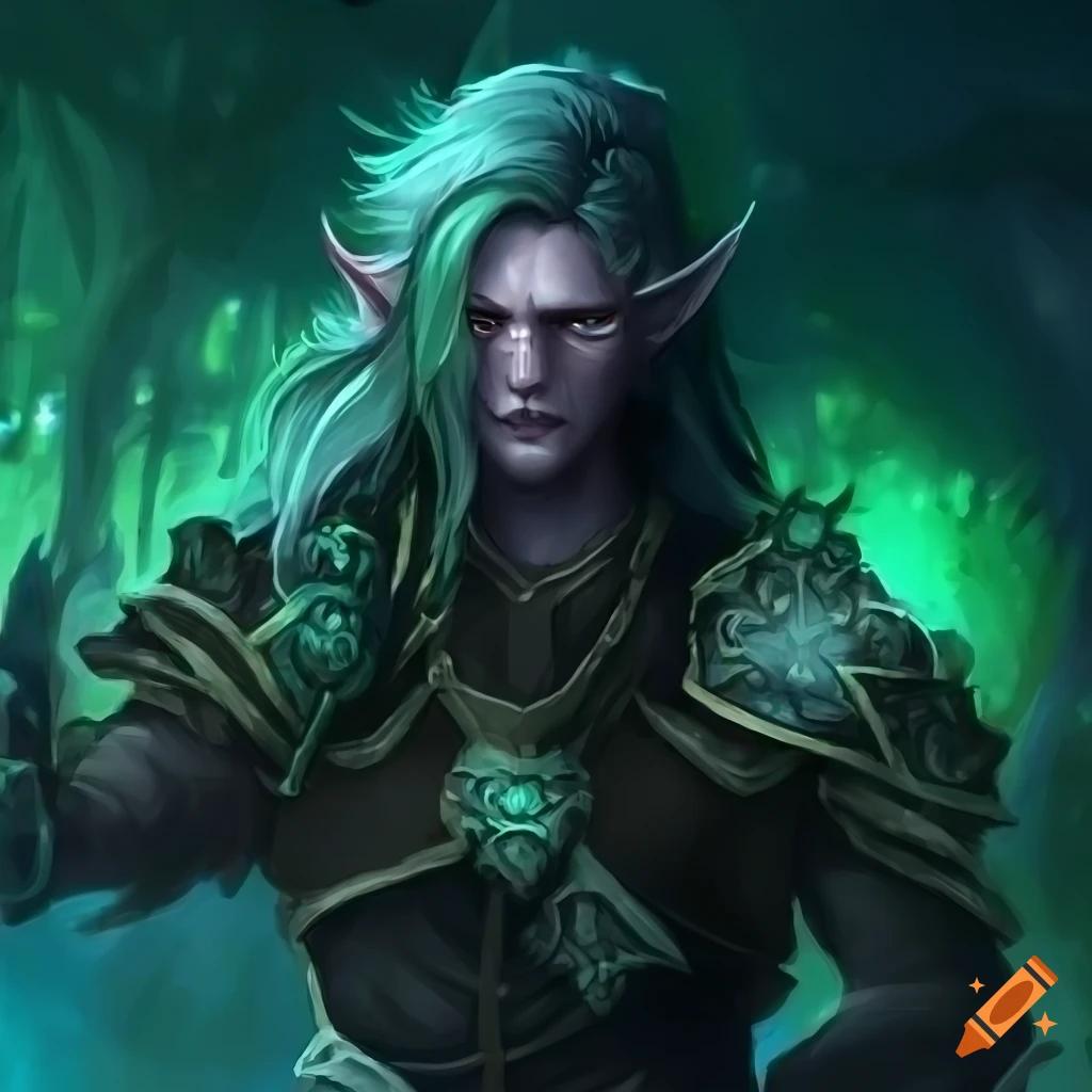 Night elf man druid with long green hair and glowing eyes fishing in ...
