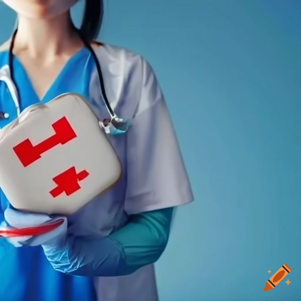 Professional female first aid leader in medical attire holding a first ...