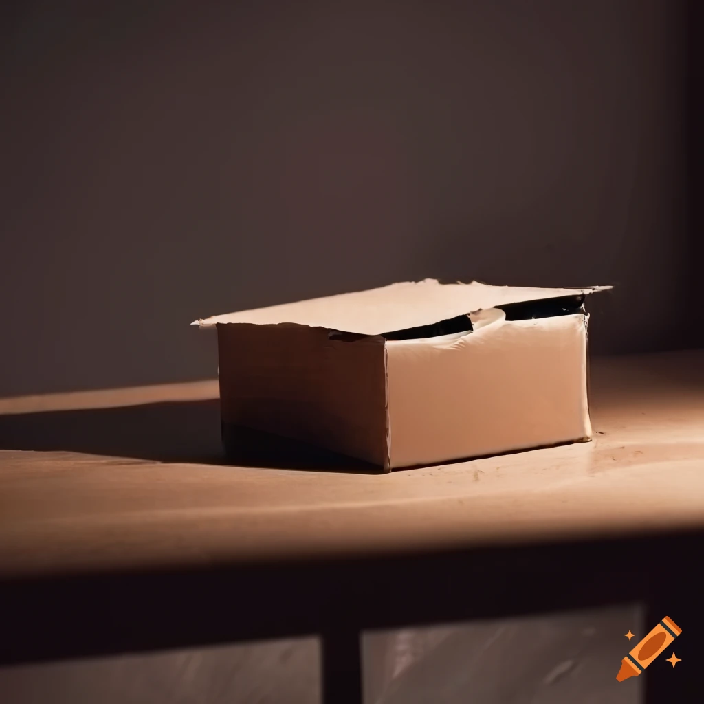 Damaged unfolded cardboard box on table in old dark hotel room on Craiyon