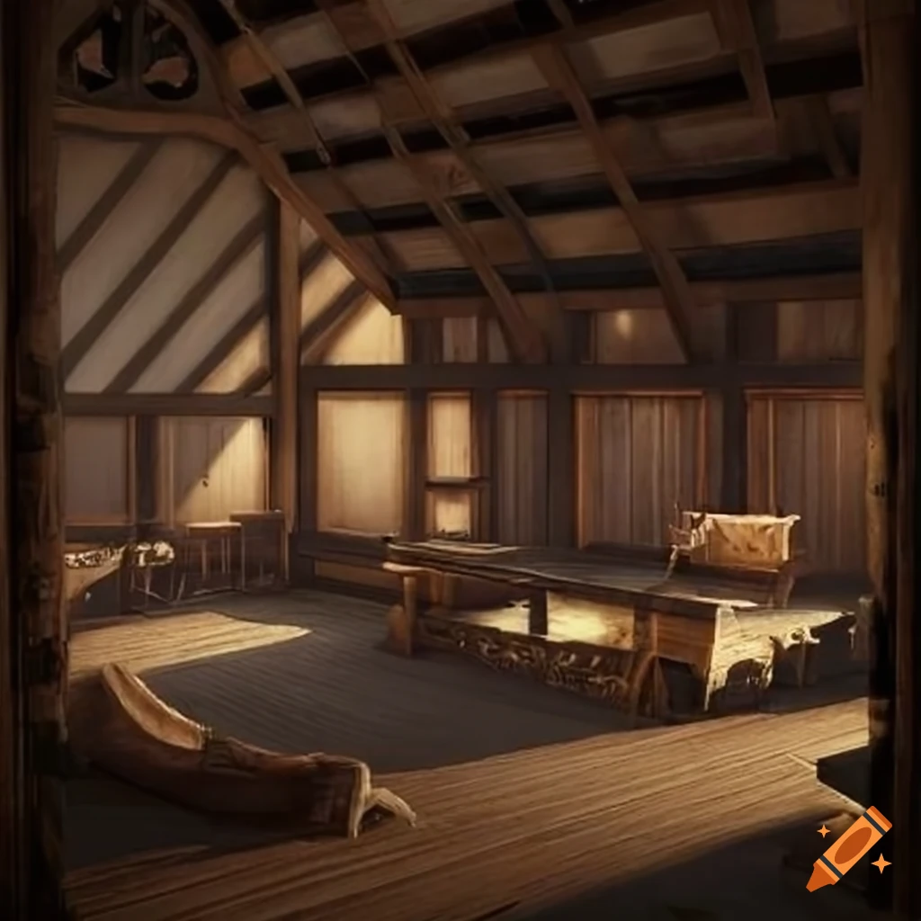 Intricately designed dnd barn loft with sleeping quarters, dining area ...