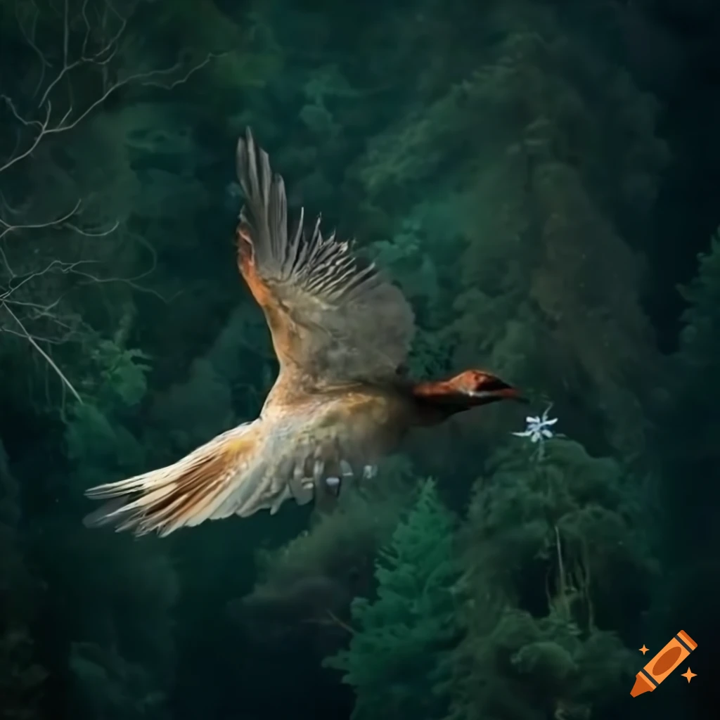 Bird flying above forest with technical overlay symbolizing blend of ...
