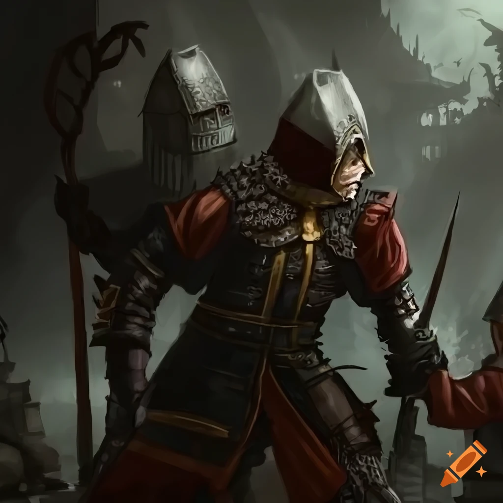 Town guards ambushing a criminal at the city gate in a fantasy setting ...