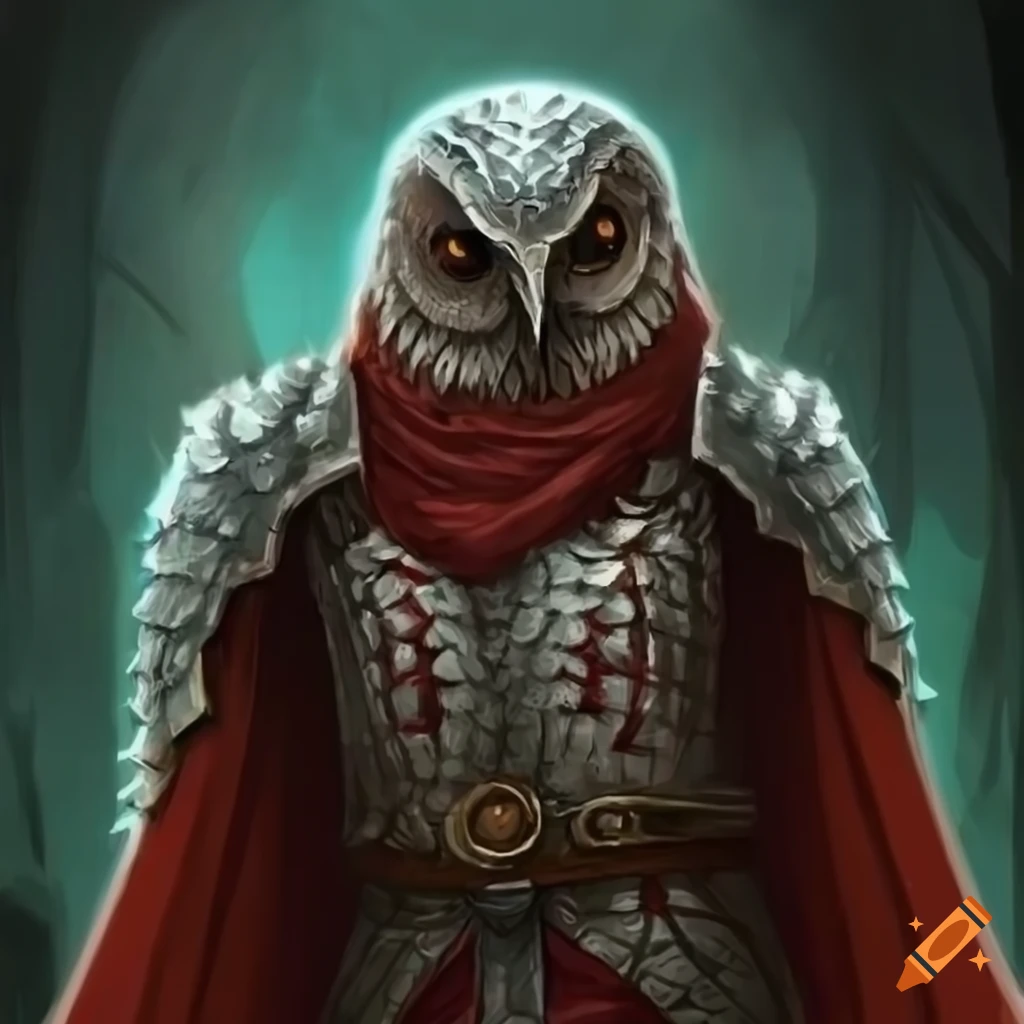 Owl general wearing a silver helmet in battle pose with a crimson cape ...
