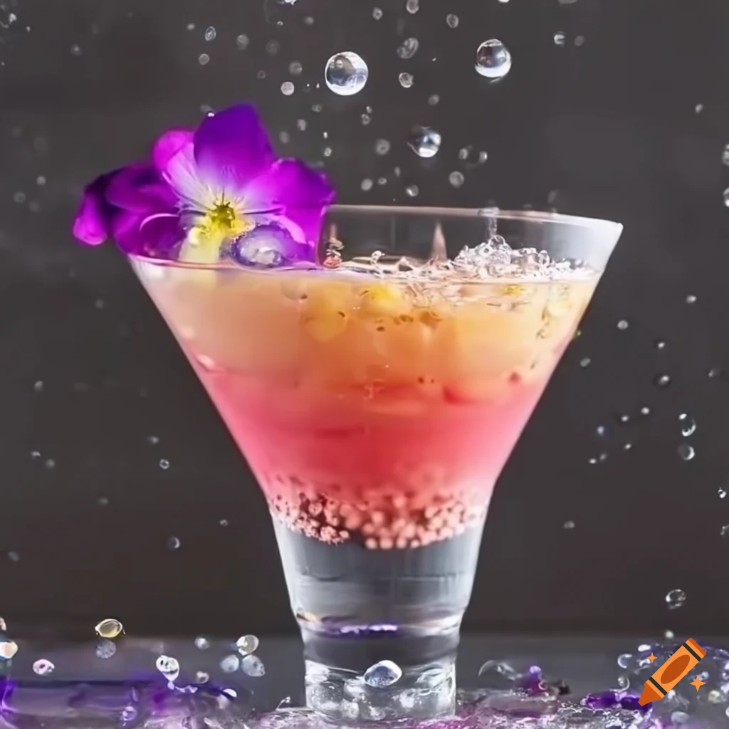 Elegant cocktail with edible flowers and water bubble fireworks on Craiyon