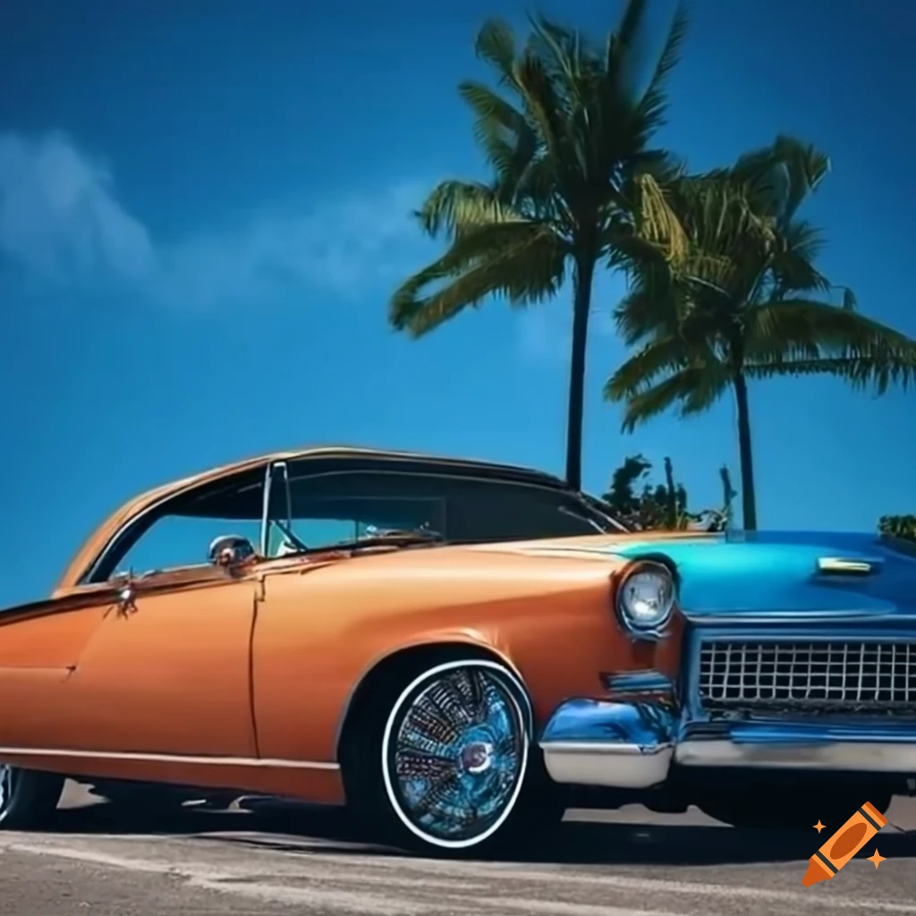 Detailed lowrider car under palm trees on Craiyon
