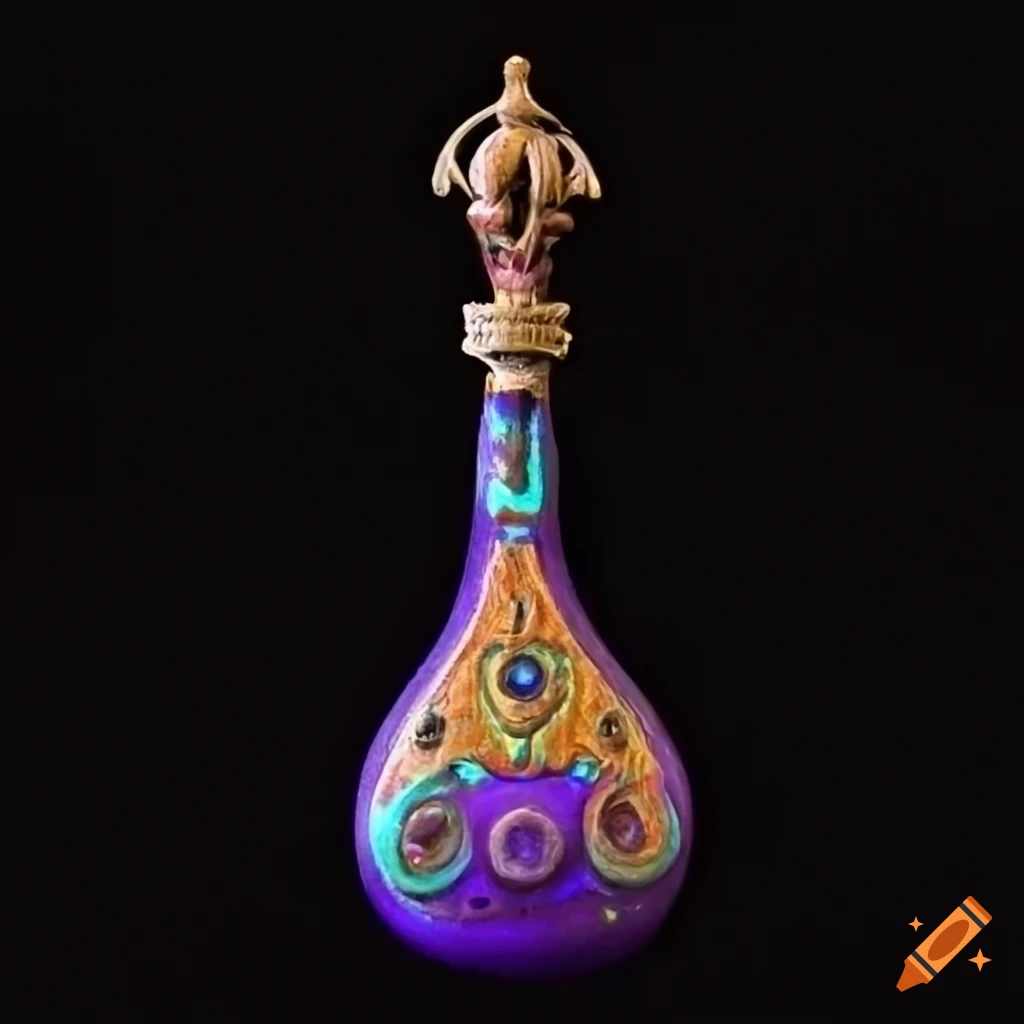 Lavender psychedelic 3d image of an ancient clay instrument with ...