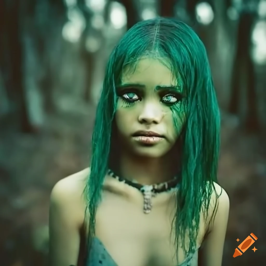 Tribal elf girl in Australian oak forest with hut house in cinematic ...