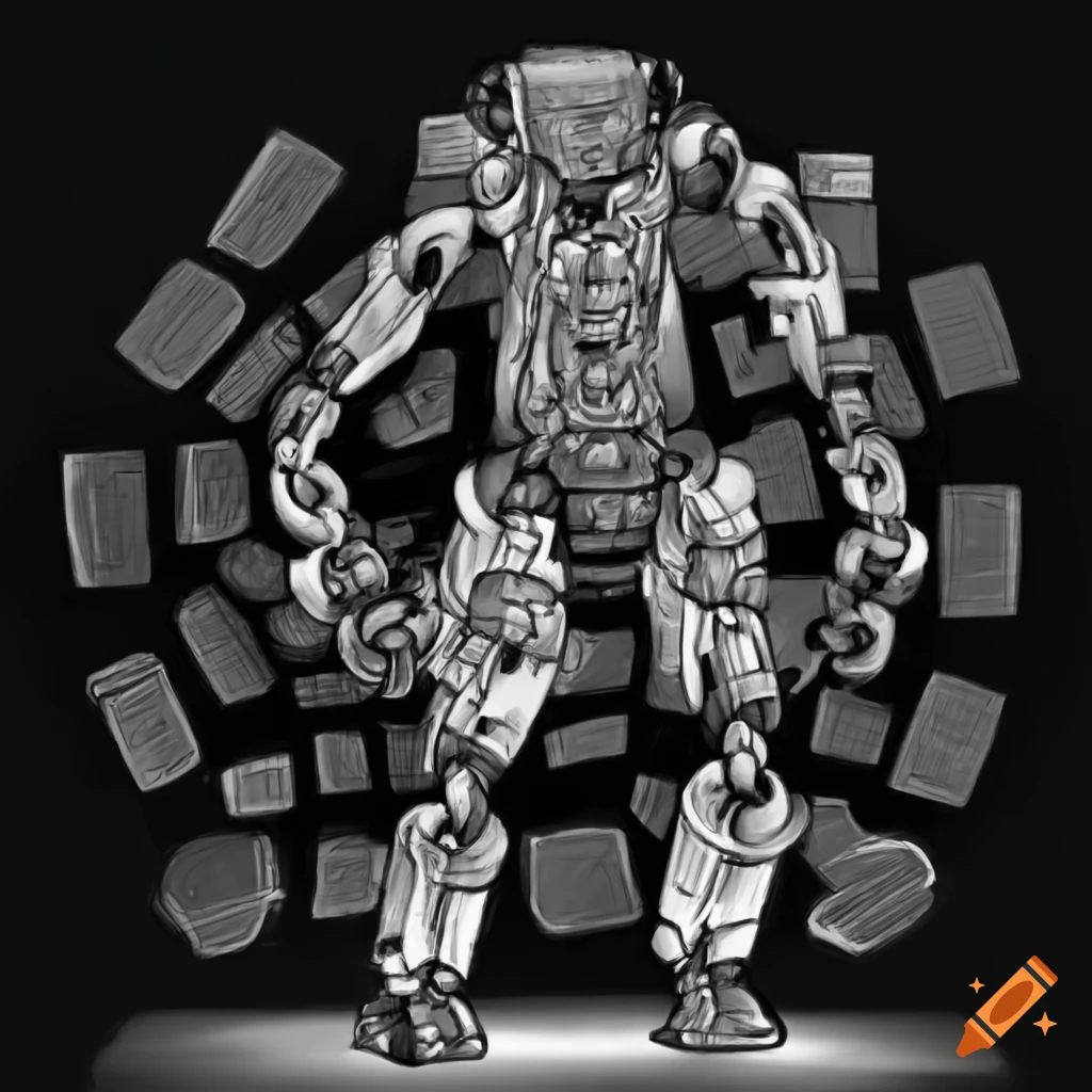 Sketch of contorted humanoid metal robot with chains and padlocks on ...